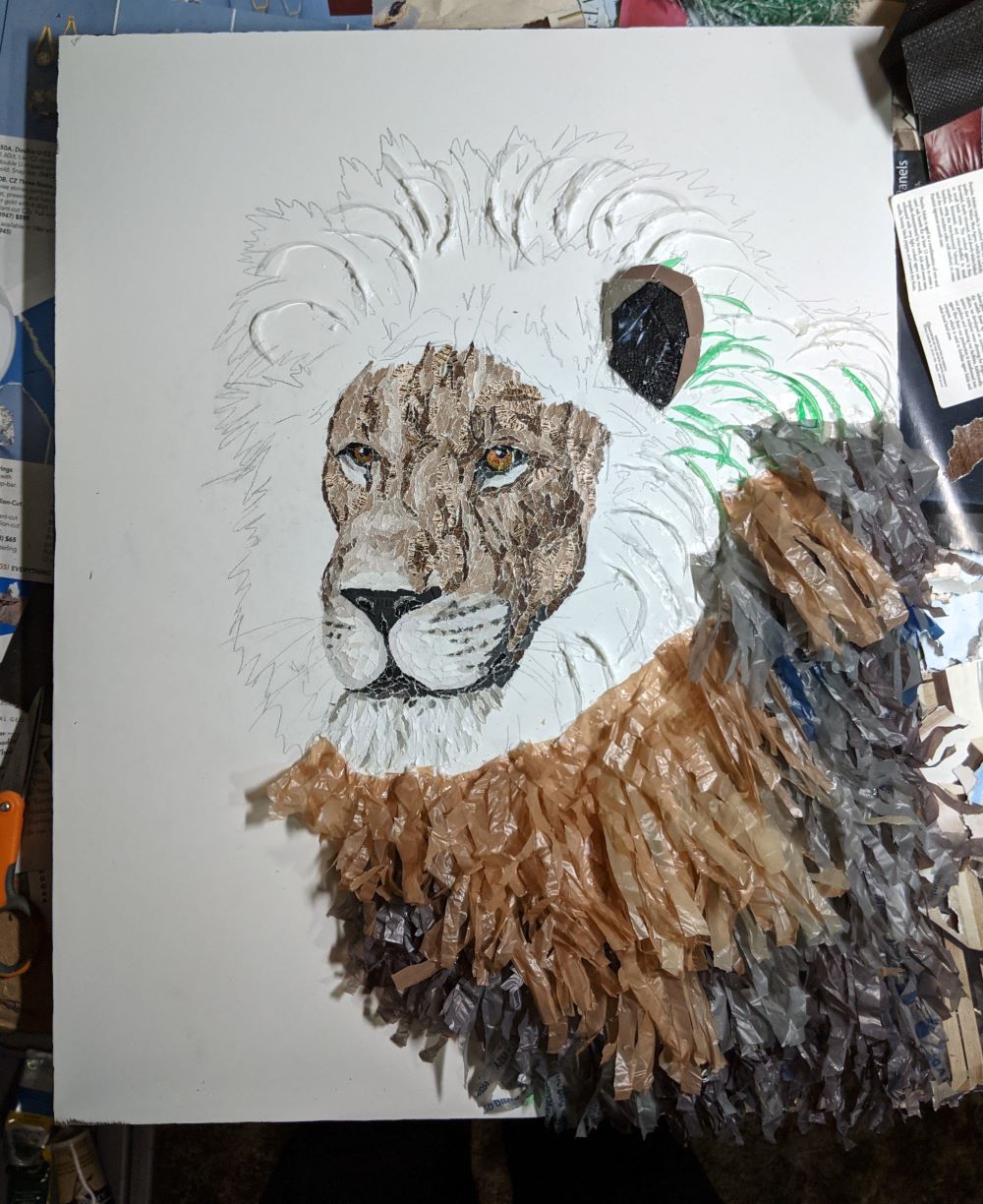 New Artwork: “Discarded” Lion Found Object Collage - Tamara Jaeger Fine Art